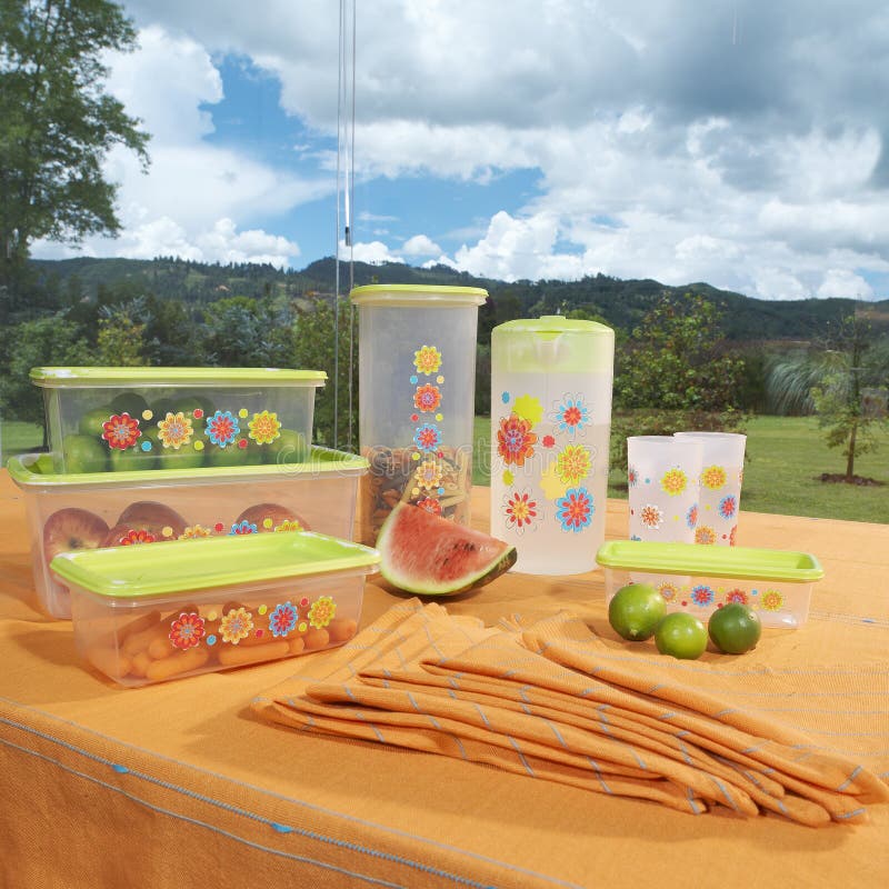 Set of Plastic Containers for the Home: Pitcher and Glasses with Flower ...