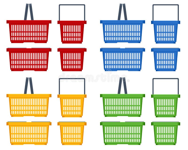 Set of Plastic Shopping Baskets on White Background. Red, Yellow, Blue ...