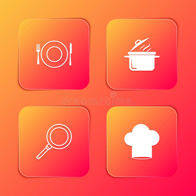 Set Plate, Fork and Knife, Cooking Pot, Frying Pan and Chef Hat Icon ...