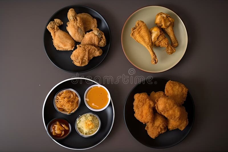 Set of Plates with Different Fried Chicken, Sides and Sauces for ...