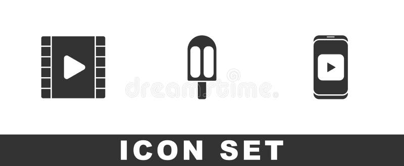 Set Play Video, Ice Cream and Online Play Video Icon. Vector Stock ...