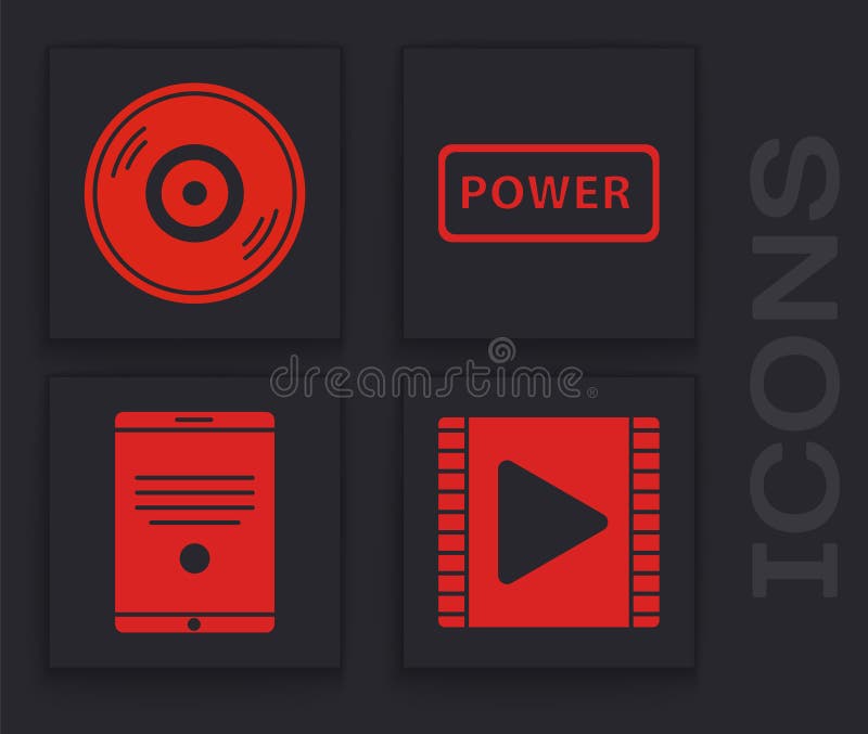 Set Play Video, Vinyl Disk, Power Button and Tablet Icon. Vector Stock ...