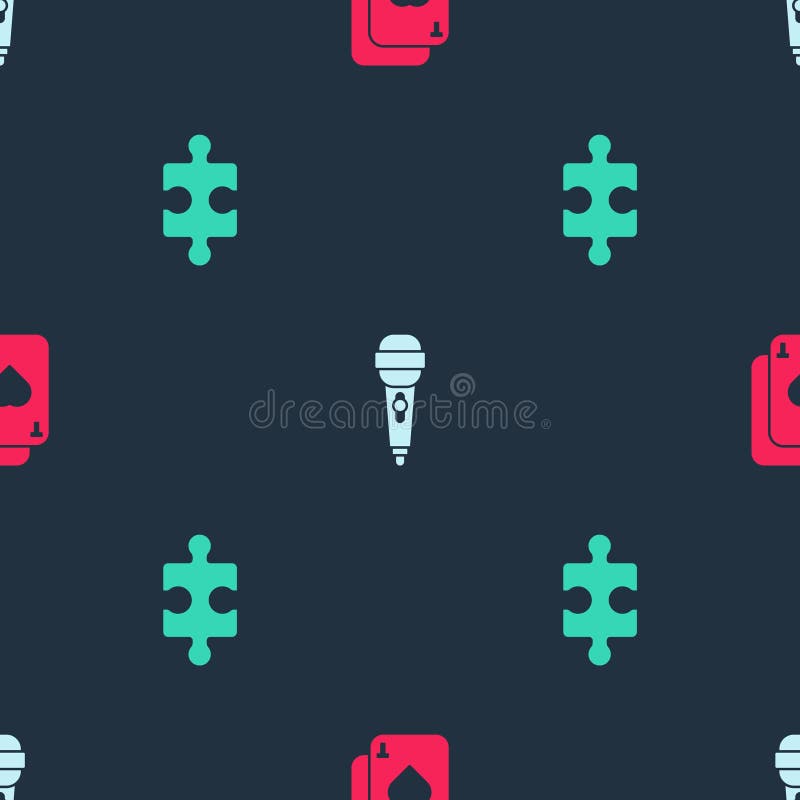 Set Playing Cards, Microphone and Piece of Puzzle on Seamless Pattern ...
