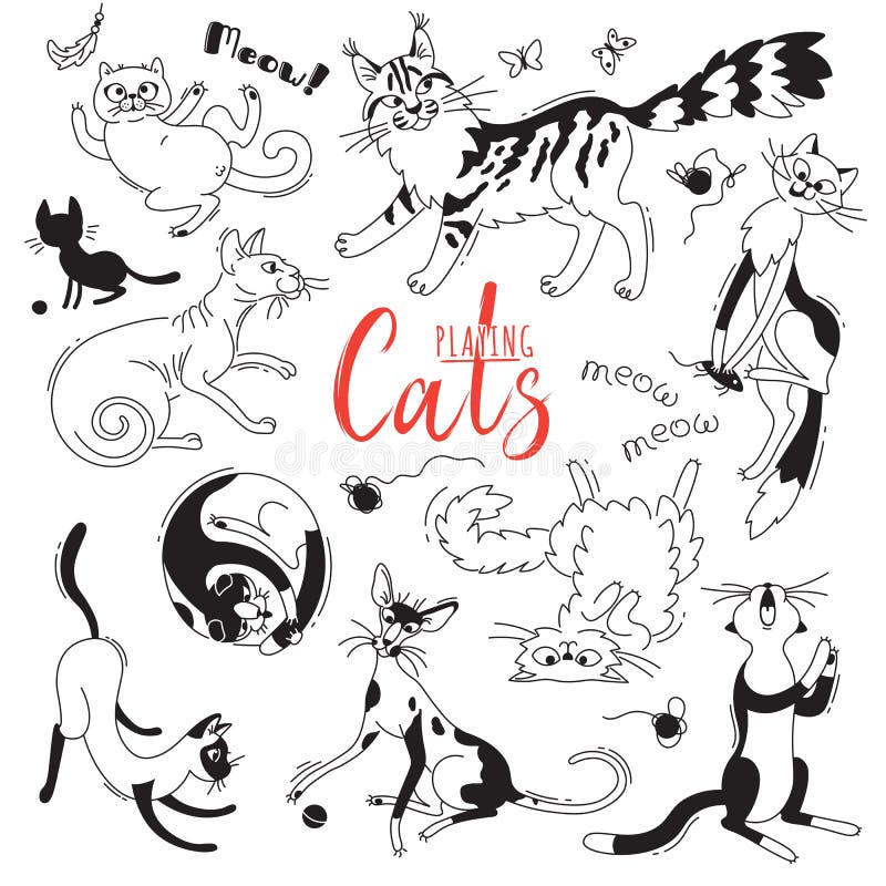 Set with Playing Cats of Different Breeds. Characters Cat in the Style ...