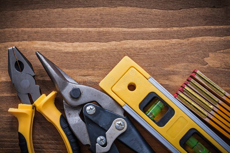 Set of Pliers Sharp Steel Cutter Construction Level Wooden Meter Stock ...