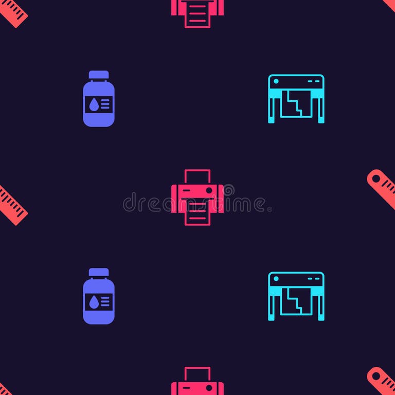 Set Plotter, Printer Ink Bottle, and Ruler on Seamless Pattern. Vector ...