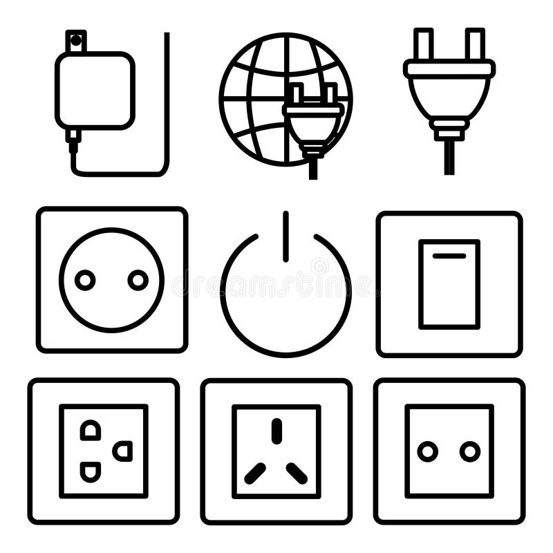 Set of Plug and Switch Flat Outline Icons Stock Vector - Illustration ...