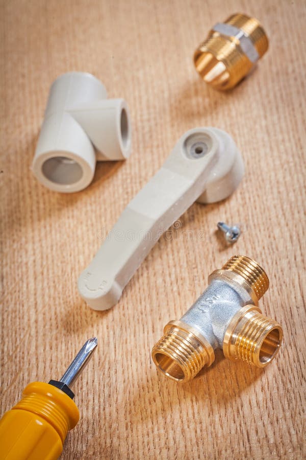 Set of Plumbing Items on Wooden Boards Stock Image - Image of handle ...