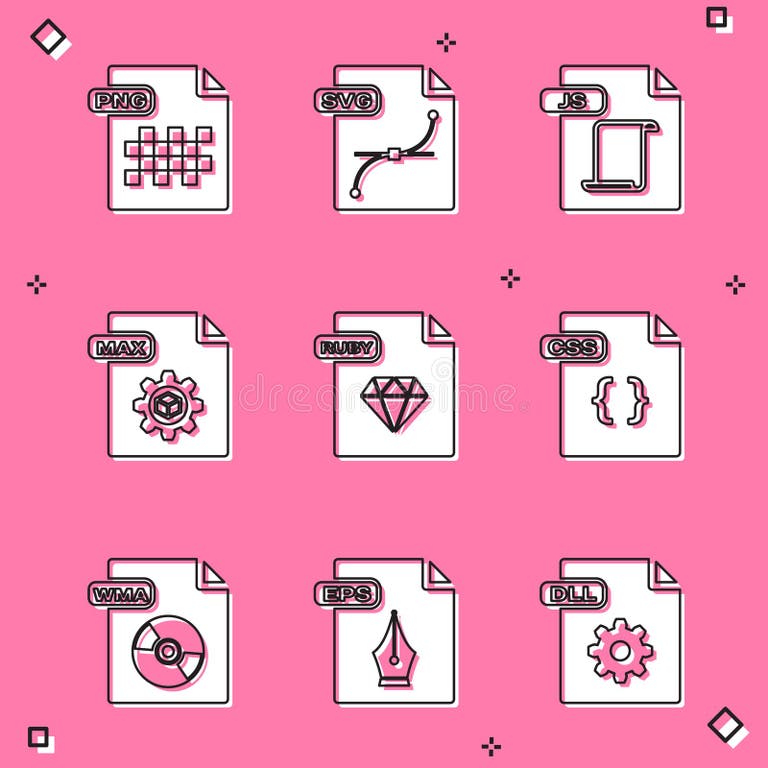 Set PNG File Document, SVG, JS, MAX, RUBY, CSS, WMA and EPS Icon. Vector Stock Vector ...