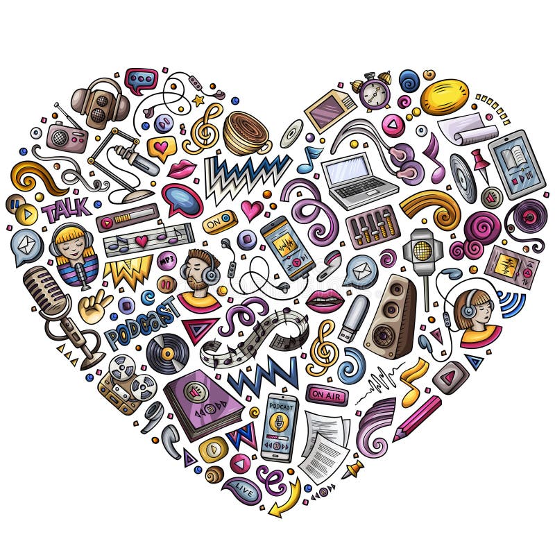 Set of Podcasting Cartoon Doodle Objects. Heart Form Composition Stock ...