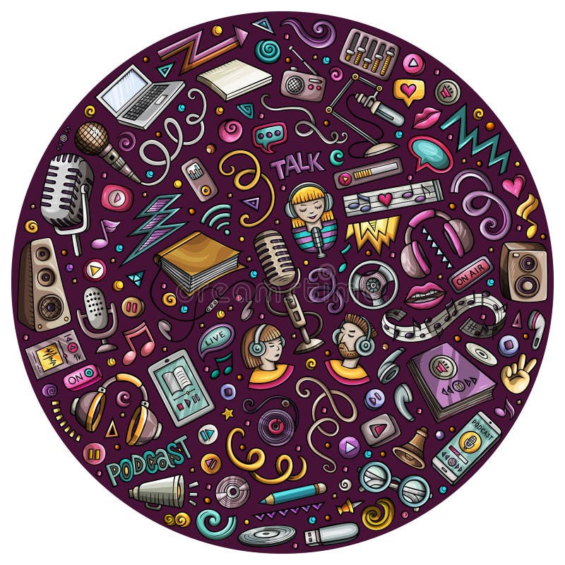 Set of Podcasting Cartoon Doodle Objects. Round Composition Stock ...