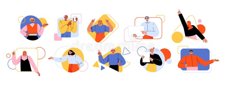 Set Pointing People Avatars in Geometric Figures Stock Vector ...