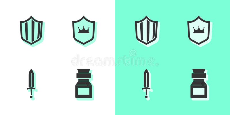 Set Poison in Bottle, Shield, Medieval Sword and with Crown Icon ...