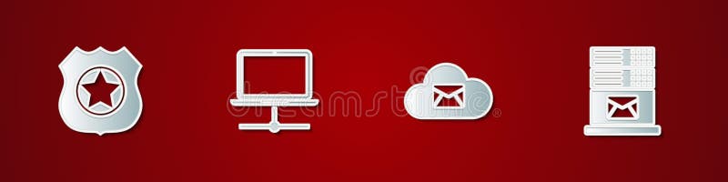 Set Police Badge, Computer Network, Cloud Mail Server and Mail Icon ...