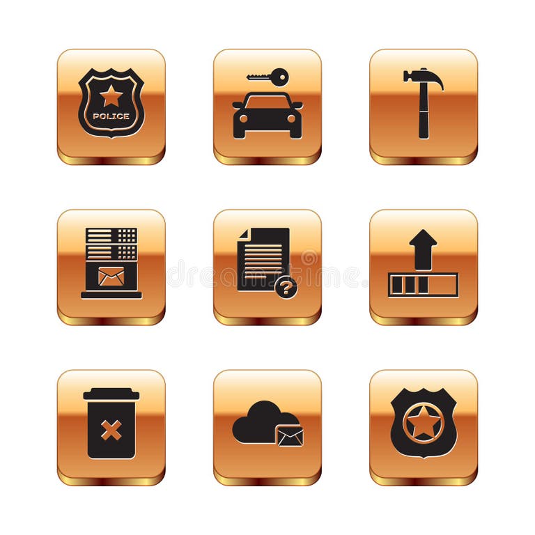 Set Police Badge, Trash Can, Cloud Mail Server, Unknown Document, Mail and Hammer Icon. Vector ...
