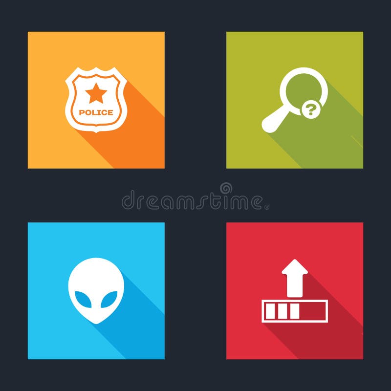 Set Police Badge, Unknown Search, Alien and Loading Icon. Vector Stock ... Set Police Badge, Unknown Search, Alien and Loading Icon. Vector Stock ...