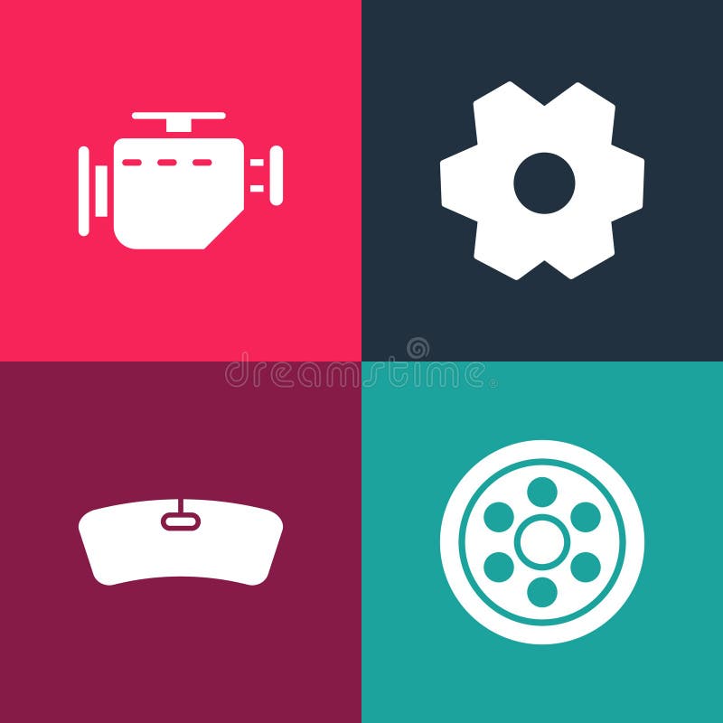 Set Pop Art Alloy Wheel, Windshield, Gear and Check Engine Icon. Vector ...
