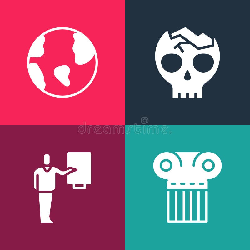 Set Pop Art Ancient Column, Museum Guide, Broken Human Skull and Earth ...