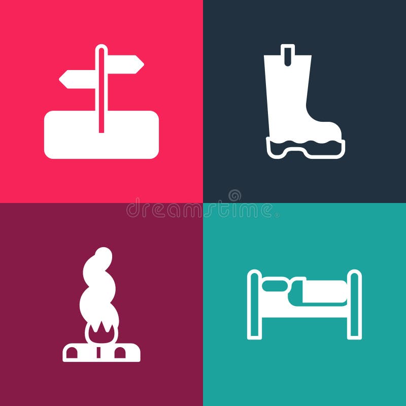 Set Pop Art Bed, Campfire, Waterproof Rubber Boot and Road Traffic Sign ...