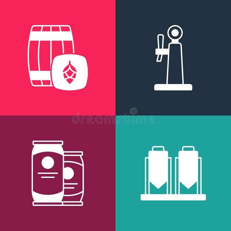 Set Pop Art Beer Brewing Process, Can, Tap and Wooden Barrel Icon ...