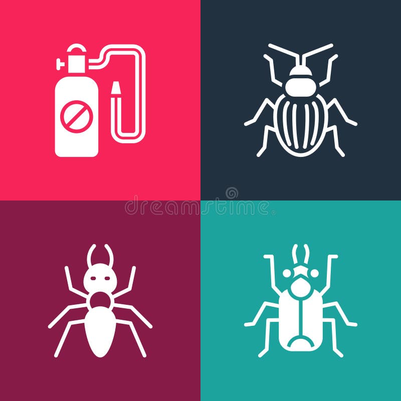Set Pop Art Beetle Bug, Ant, Chafer Beetle and Pressure Sprayer Icon ...