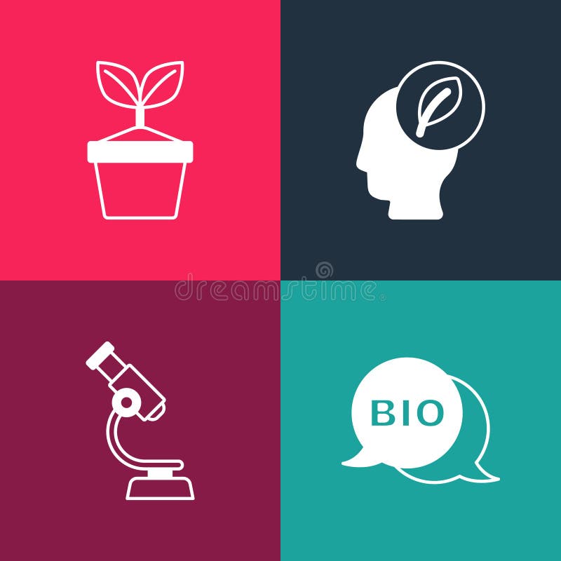 Set Pop Art Bio Healthy Food, Microscope, Human Head with Leaf Inside ...