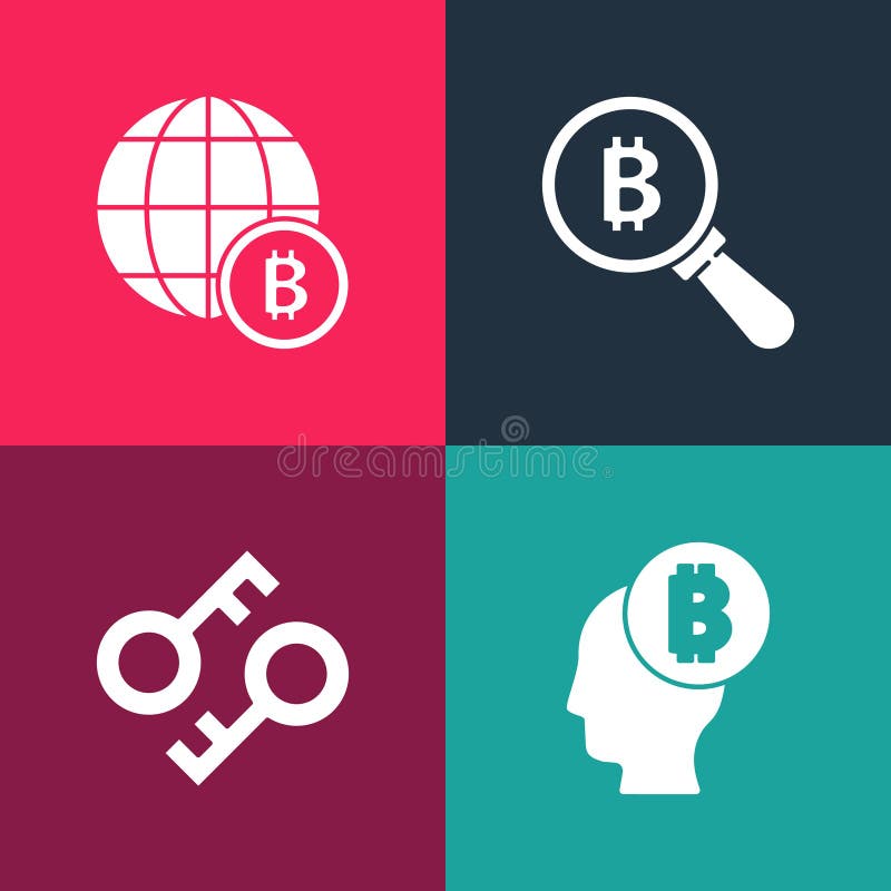 Set Pop Art Bitcoin Think, Cryptocurrency Key, Magnifying Glass with ... Set Pop Art Bitcoin Think, Cryptocurrency Key, Magnifying Glass with ...