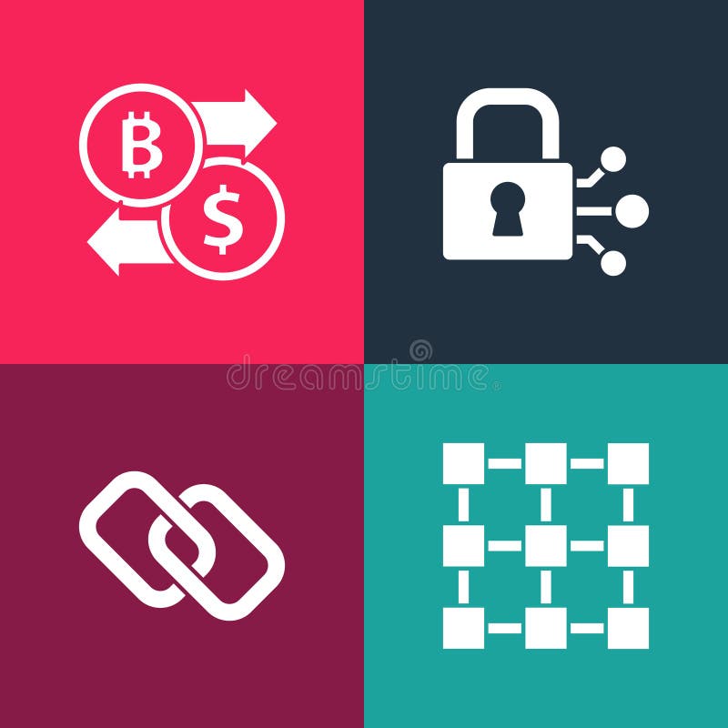 Set Pop Art Blockchain Technology, Chain Link, Lock with Bitcoin and ...