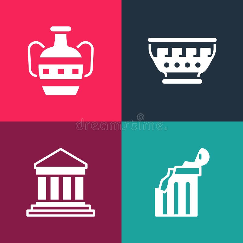 Set Pop Art Broken Ancient Column, Parthenon, Greek Bowl and Ancient ...