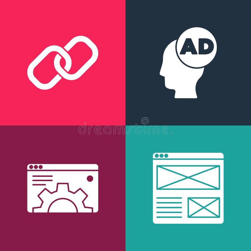 Set Pop Art Browser Window, Setting, Advertising and Chain Link Icon ... Set Pop Art Browser Window, Setting, Advertising and Chain Link Icon ...