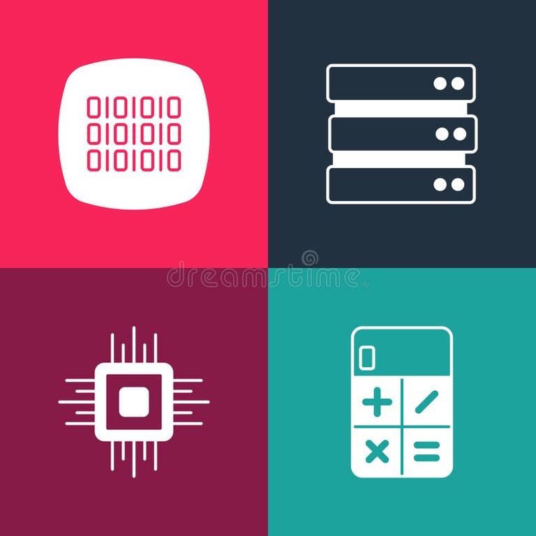 Set Pop Art Calculator, Processor CPU, Server and Binary Code Icon. Vector Stock Vector ...