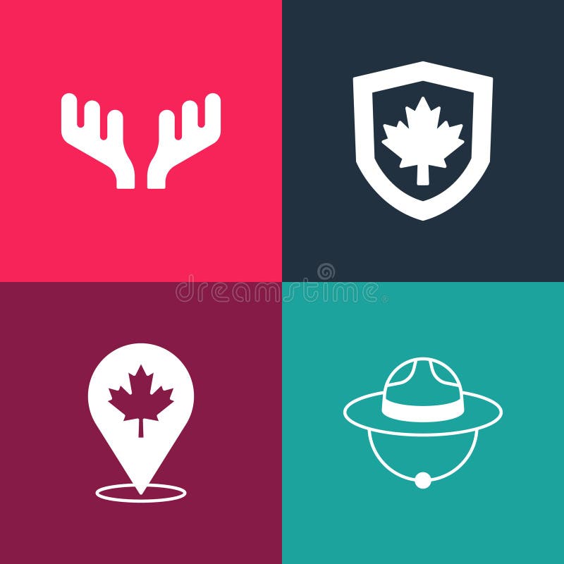 Set Pop Art Canadian Ranger Hat, Maple Leaf, Canada Flag on Shield and ...
