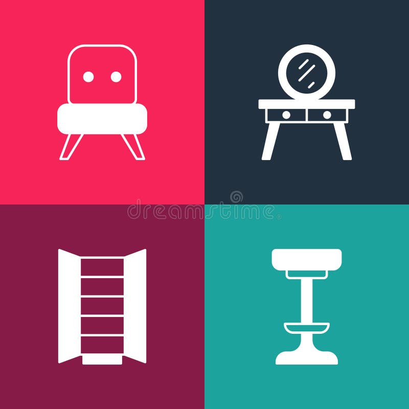 Set Pop Art Chair, Wardrobe, Dressing Table and Armchair Icon. Vector ...