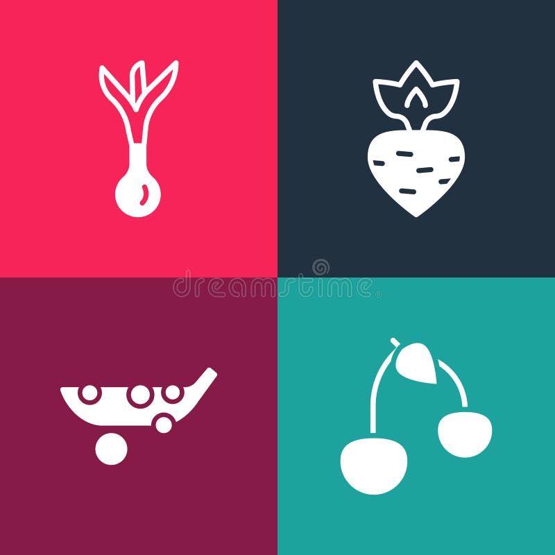 Set Pop Art Cherry, Peas, Turnip and Onion Icon. Vector Stock Vector ...