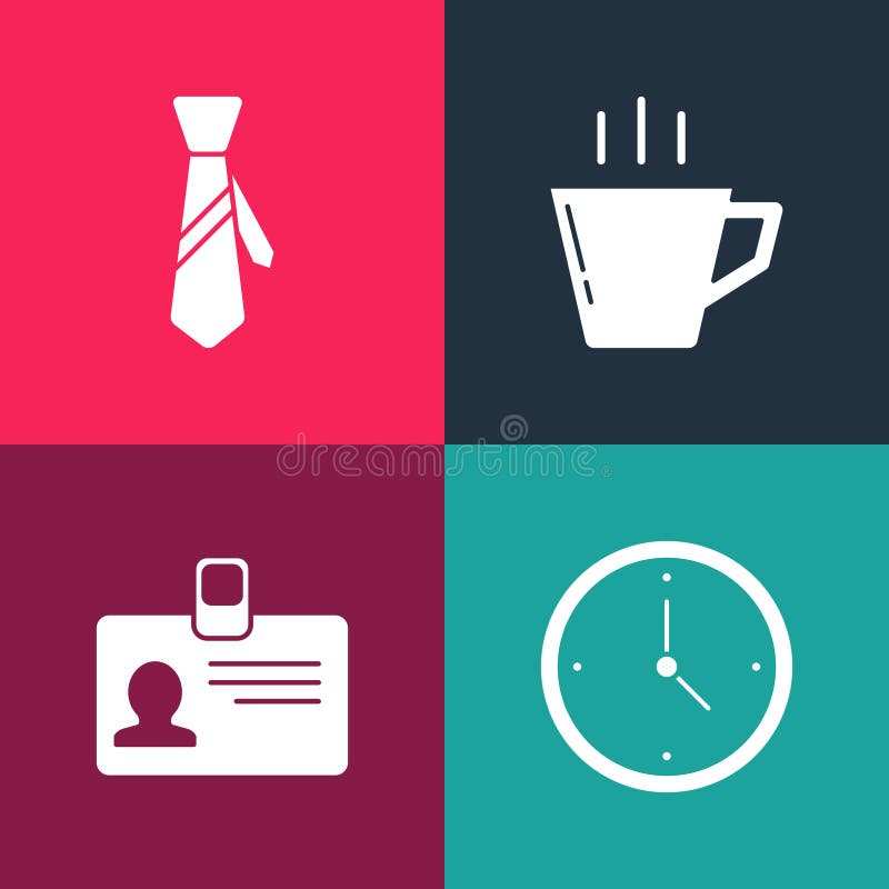 Set Pop Art Clock, Identification Badge, Coffee Cup and Tie Icon ...