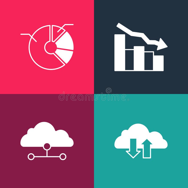 Set Pop Art Cloud Download and Upload, Network Cloud Connection, Financial Growth Decrease and ...