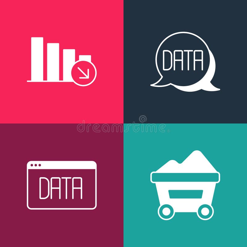 Set Pop Art Coal Mine Trolley, Data Analysis, and Financial Growth Decrease Icon. Vector Stock ...