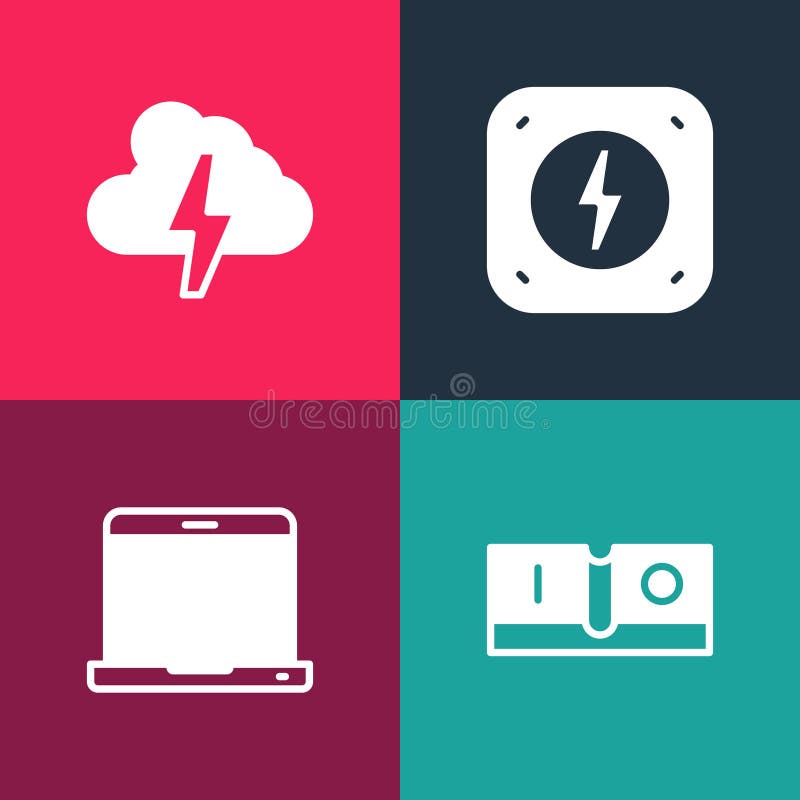 Set Pop Art Electric Light Switch, Laptop, Lightning Bolt and Cloud and ...