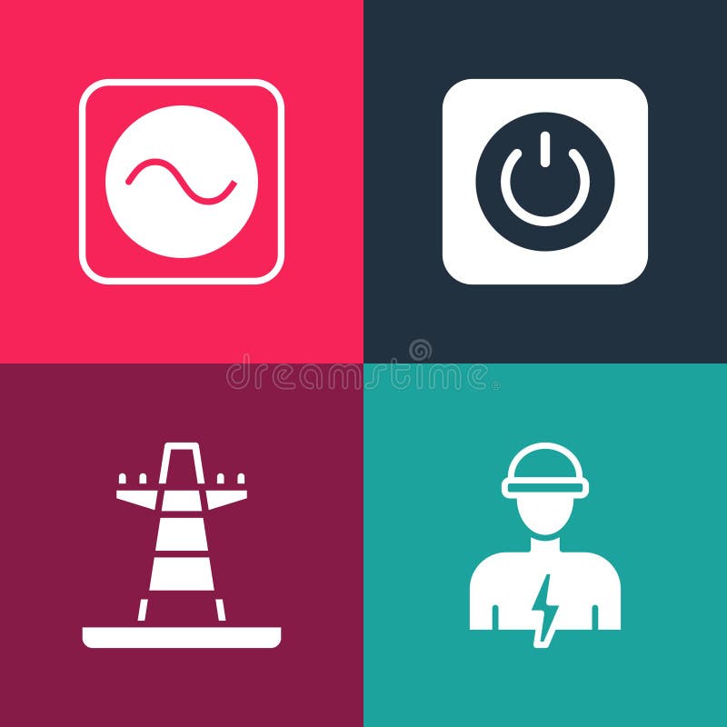 Set Pop Art Electrician, Tower Line, Power Button and AC Voltage Source ...