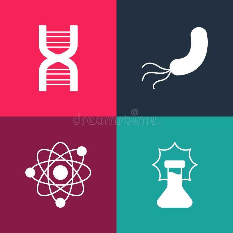 Set Pop Art Explosion in the Flask, Atom, Bacteria and DNA Symbol Icon ...