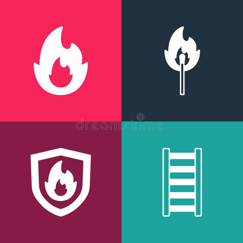 Set Pop Art Fire Escape, Protection Shield, Burning Match with Fire and ...