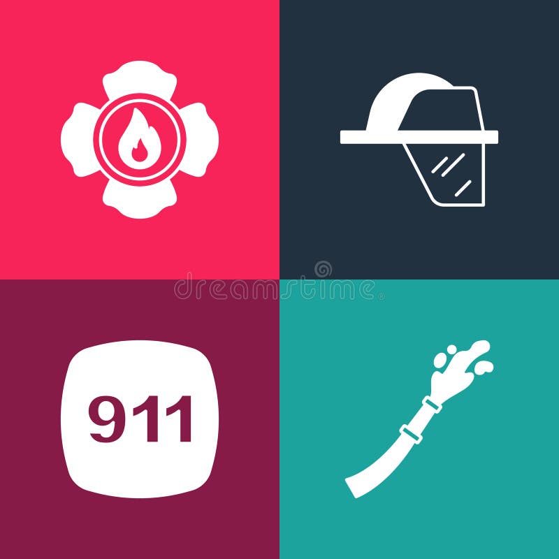 Set Pop Art Fire Hose Reel, Emergency Call 911, Firefighter Helmet and ...