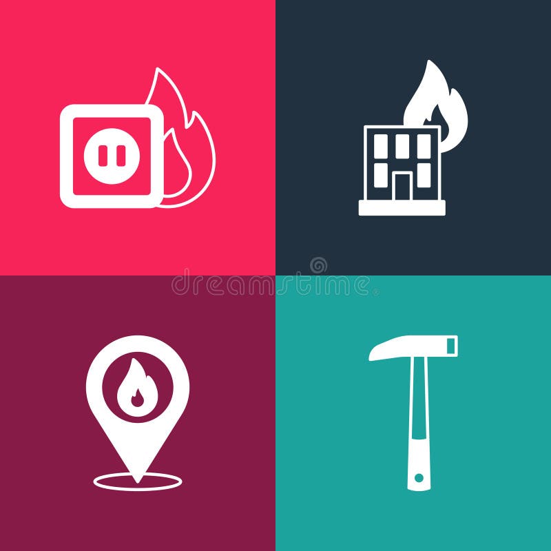 Set Pop Art Firefighter Axe, Location with Fire Flame, in Burning ...