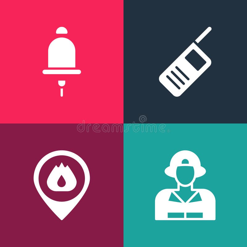 Set Pop Art Firefighter, Location with Fire Flame, Walkie Talkie and ...