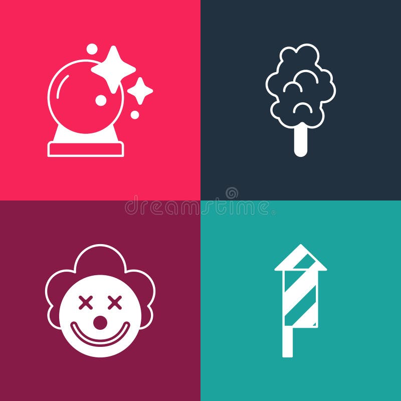 Set Pop Art Firework Rocket, Clown Head, Cotton Candy and Magic Ball ...
