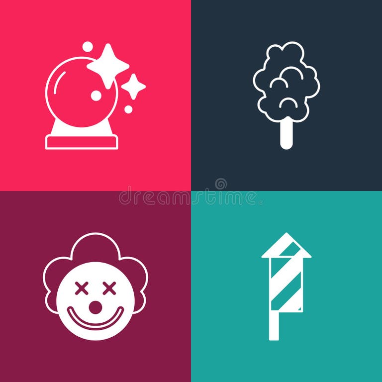 Set Pop Art Firework Rocket, Clown Head, Cotton Candy and Magic Ball ...