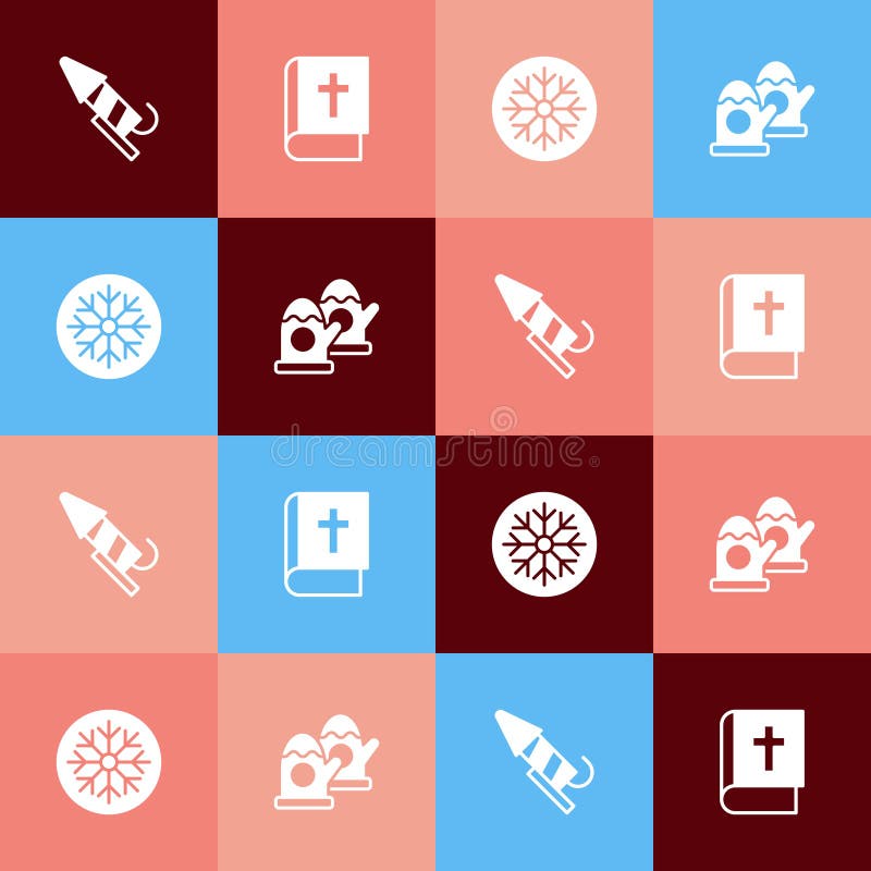 Set Pop Art Firework Rocket, Holy Bible Book, Snowflake and Christmas ...