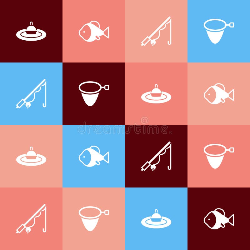 Set Pop Art Fishing Float in Water, Rod and Net Icon. Vector Stock ...