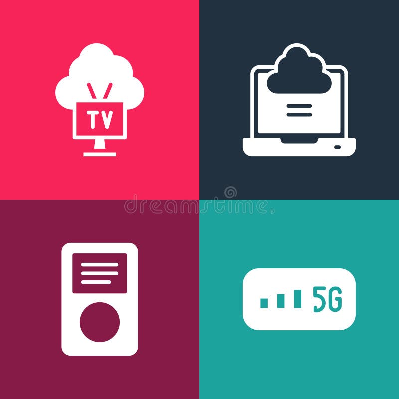 Set Pop Art 5G Wireless Internet, Music Player, Network Cloud ...