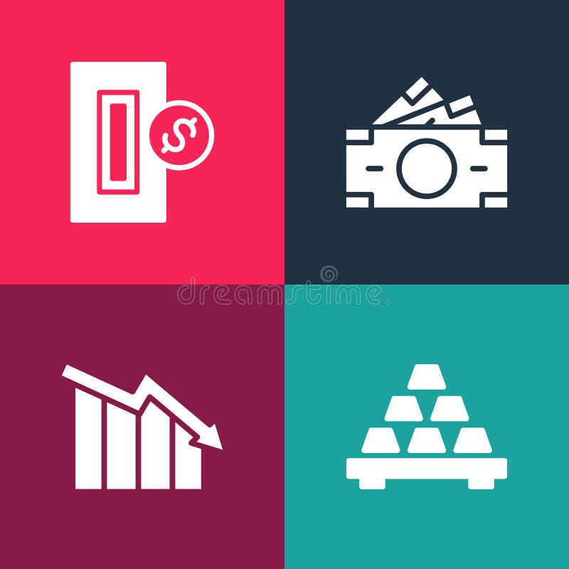 Set Pop Art Gold Bars, Financial Growth Decrease, Stacks Paper Money Cash and Inserting Coin ...